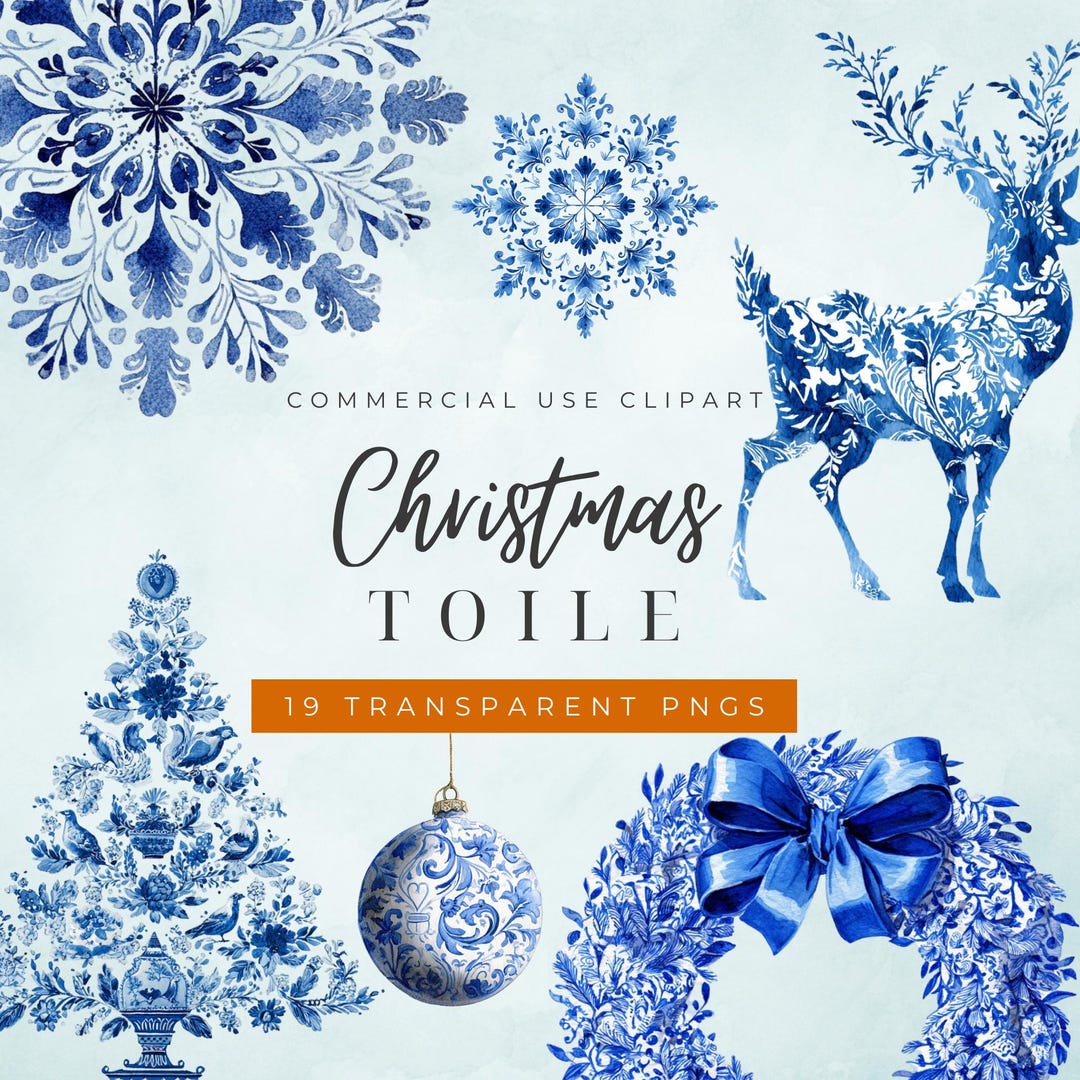 Christmas Toile Clipart, Blue Holiday PNG, Watercolor Festive Designs ...