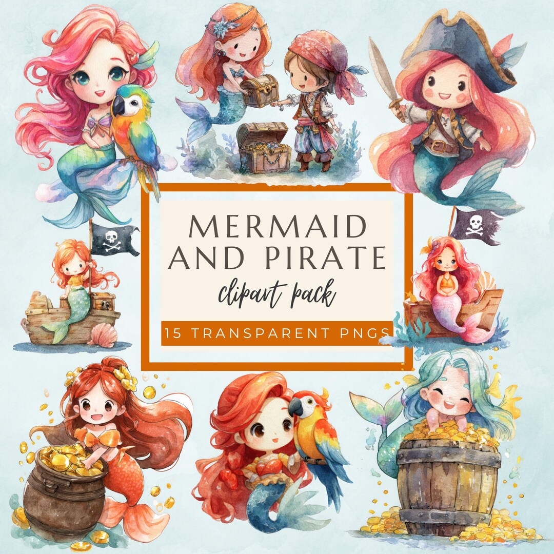 Chibi Mermaid and Pirate Clipart, Cute Watercolor Mermaid PNG, Pirate ...