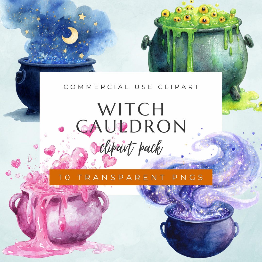 Watercolor Witch Cauldron Clipart Bundle: Halloween Potions (pngs for ...