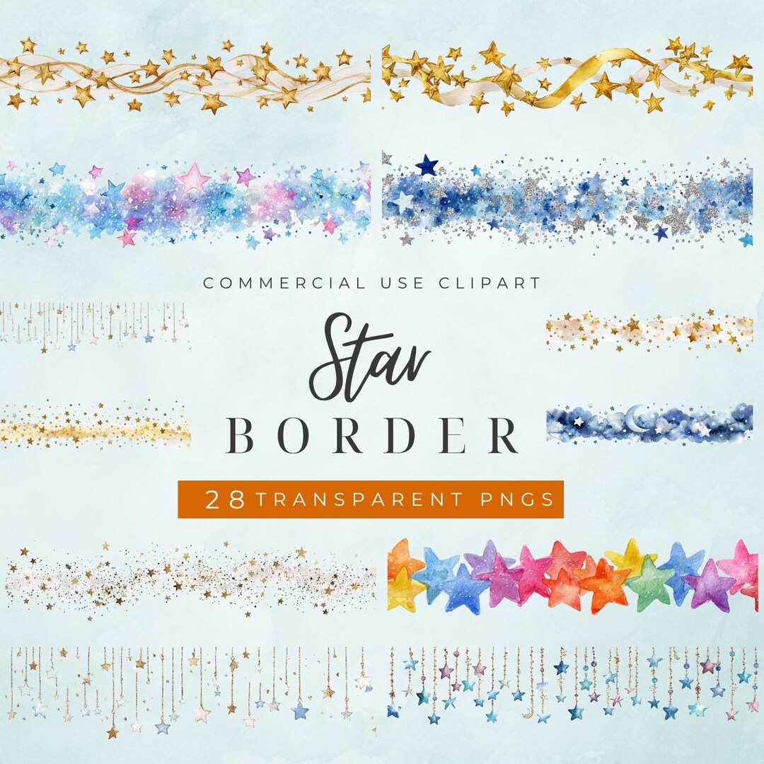 Watercolor Star Border Clipart | Celestial PNG Illustrations for Cards ...