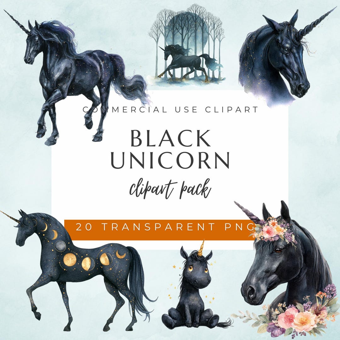 Watercolor Black Unicorn Clipart: Fantasy PNG Bundle for Planners ...