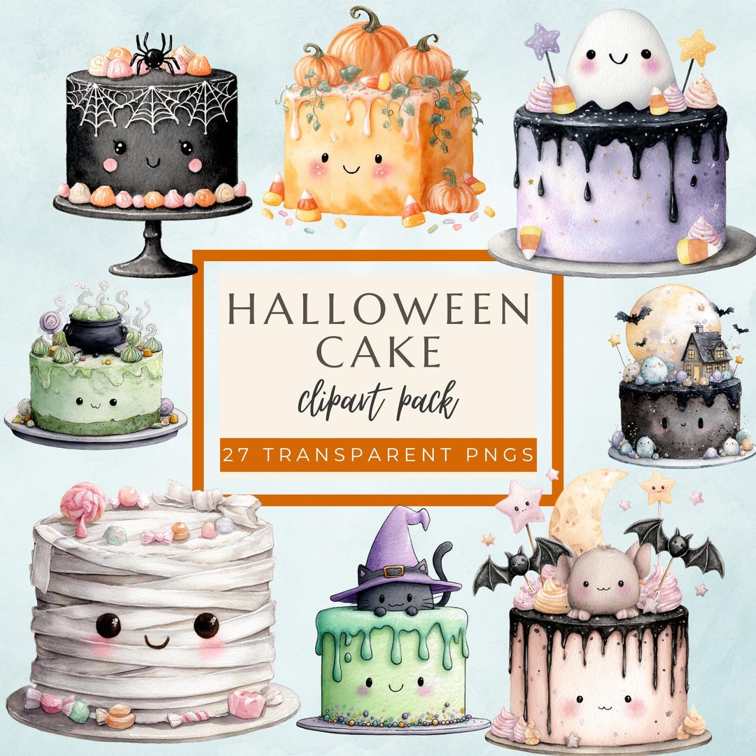 Watercolor Halloween Cake Clipart Bundle: Whimsical Spooky PNG Images ...