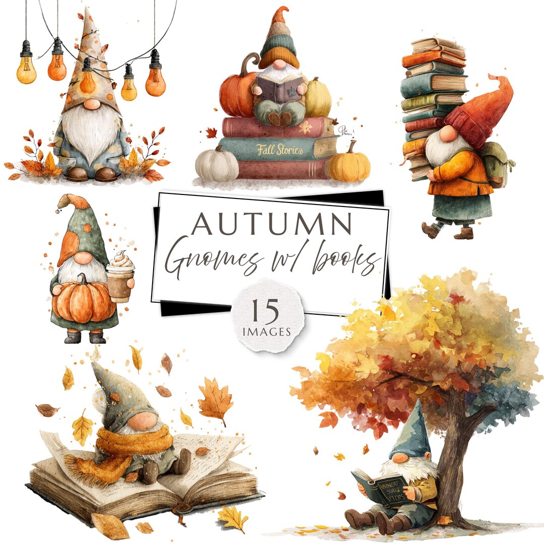 Watercolor Fall Gnome Clipart Bundle: Cozy Autumn PNG Set (digital ...