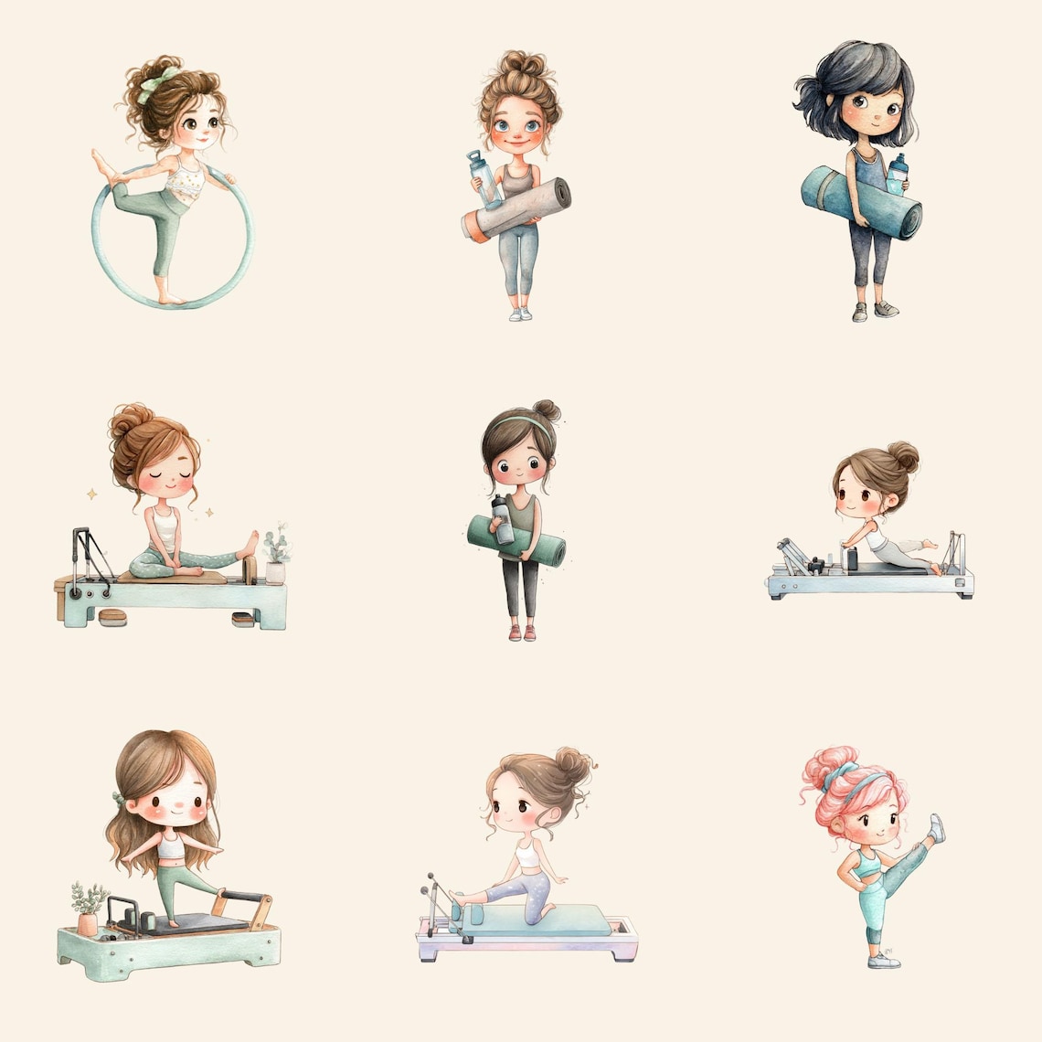 Pilates Clipart Set | Cute Fitness Girl Pngs | Watercolor Pilates and ...