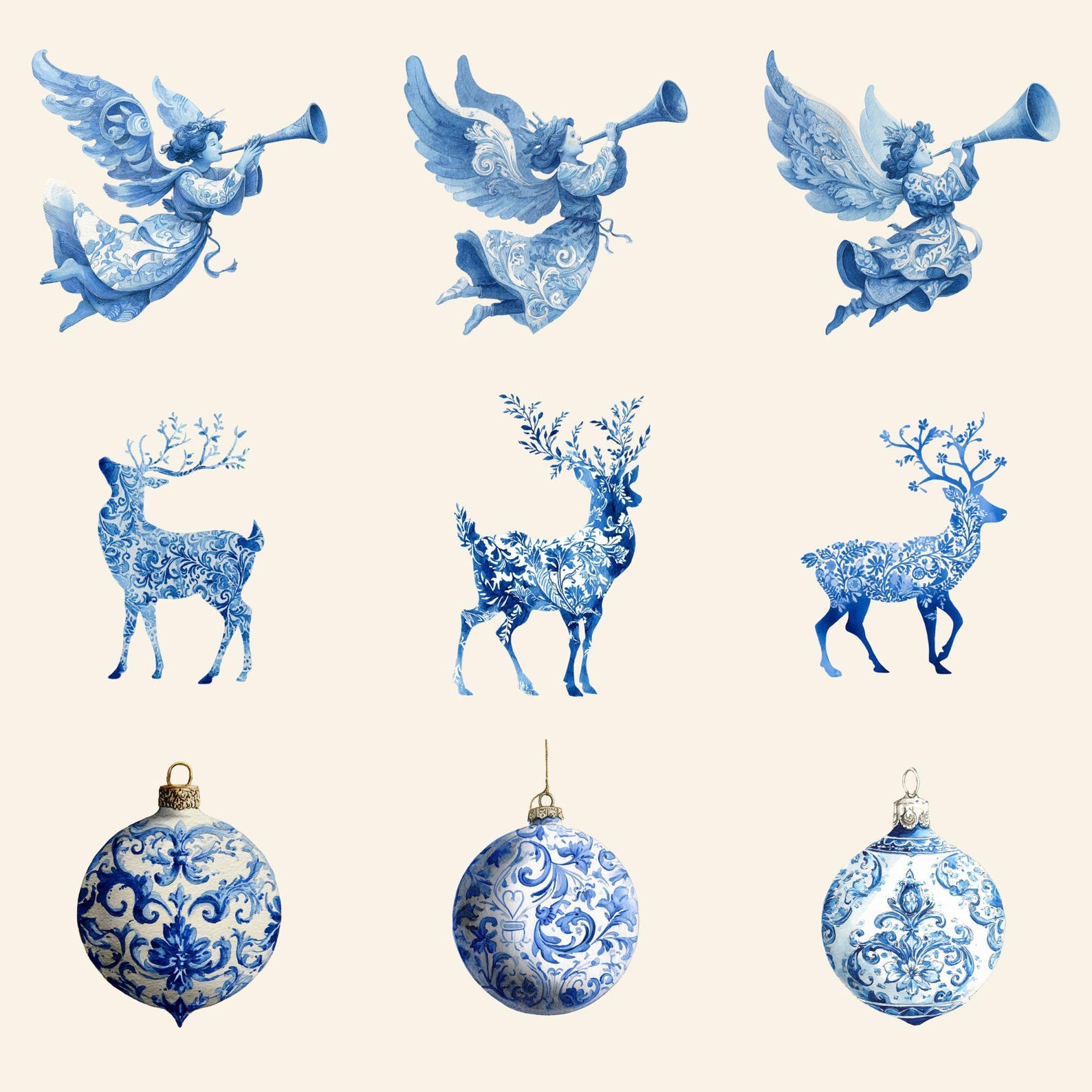 Christmas Toile Clipart, Blue Holiday PNG, Watercolor Festive Designs ...