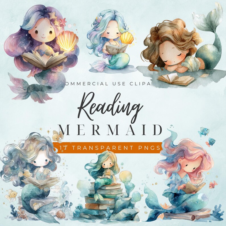 Chibi Mermaid Reading Clipart, Watercolor PNG Set (digital Download) - Etsy