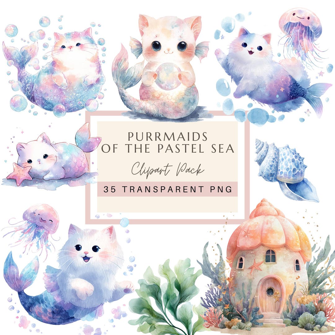 Mermaid Cat Clipart Bundle: Kawaii Purrmaid PNG (digital Download) - Etsy