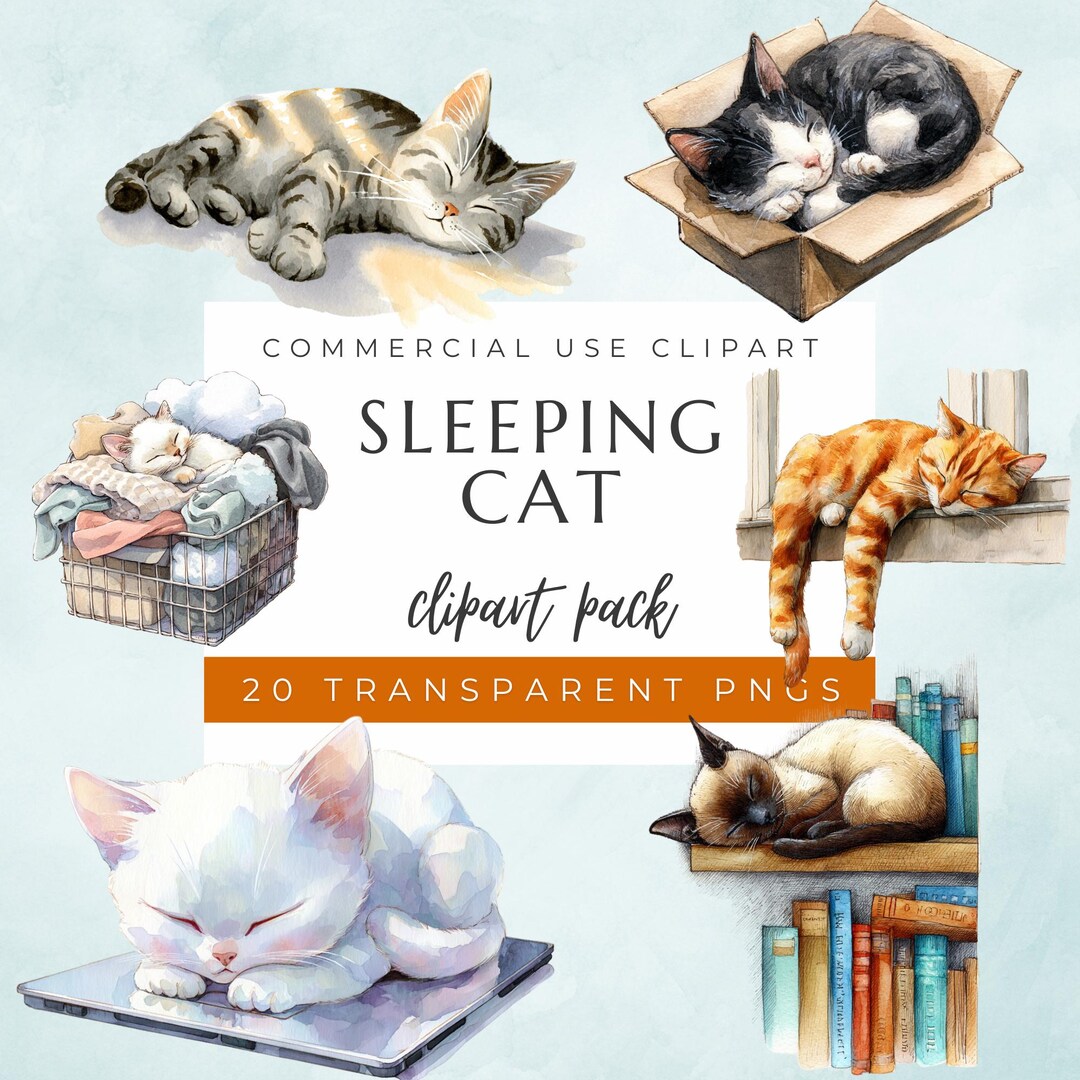 Chibi Sleeping Cat Clipart Bundle: Kawaii Watercolor Pngs for Crafts ...