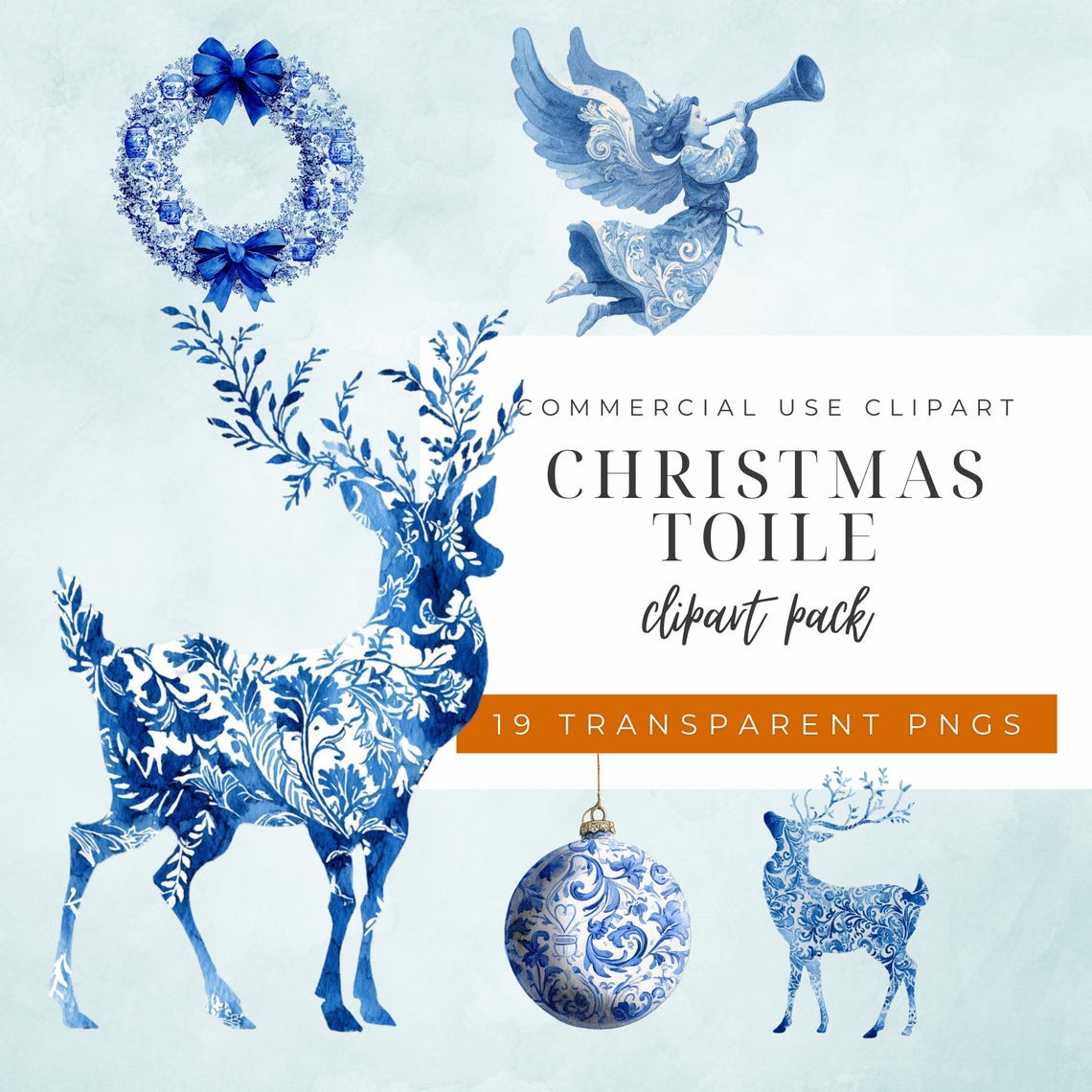 Christmas Toile Clipart, Blue Holiday PNG, Watercolor Festive Designs ...