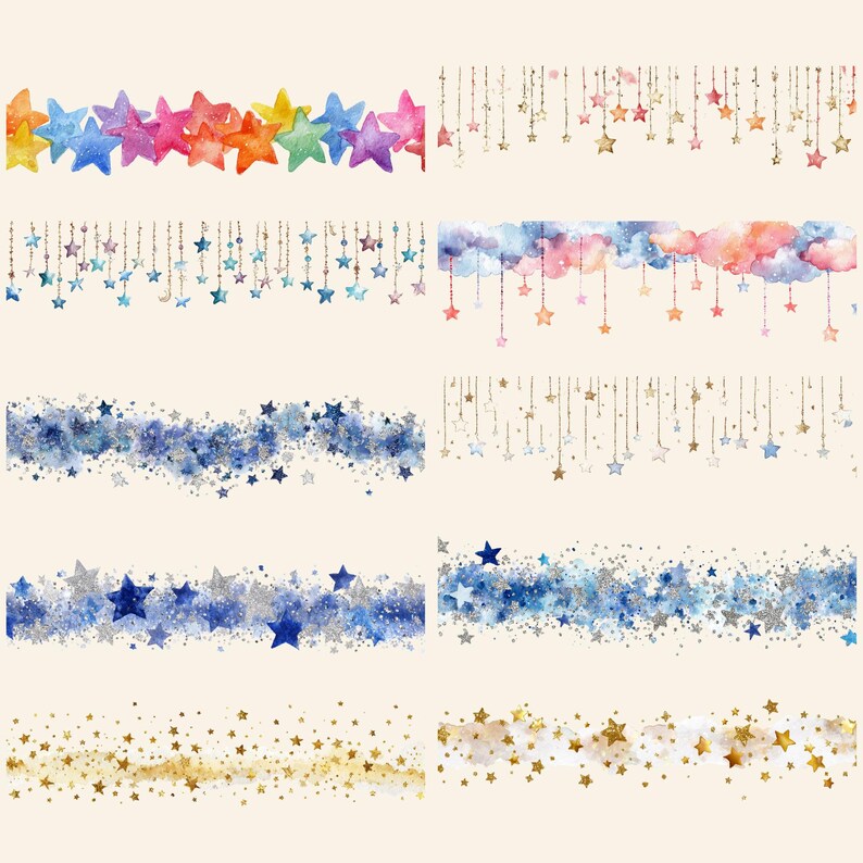 Watercolor Star Border Clipart | Celestial PNG Illustrations for Cards ...