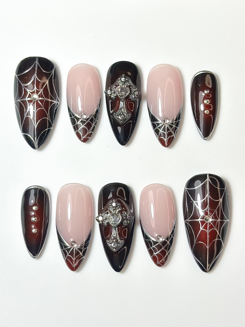 Black Red Gothic Press on Nails – Long Stiletto Spider Web Cross False ...