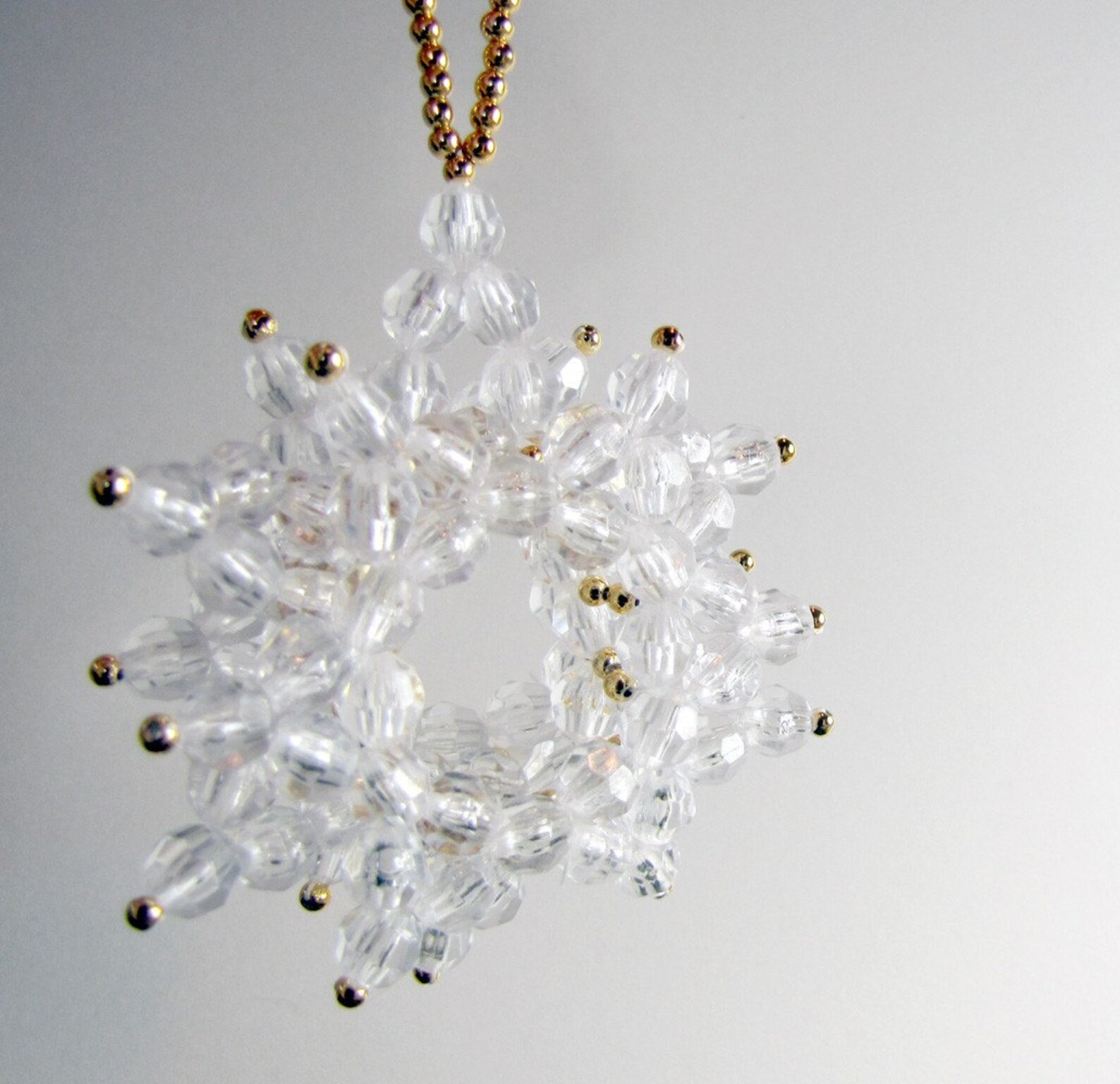 Snowflake Beaded Ornament: Crystal Clear With Gold Beads - Etsy