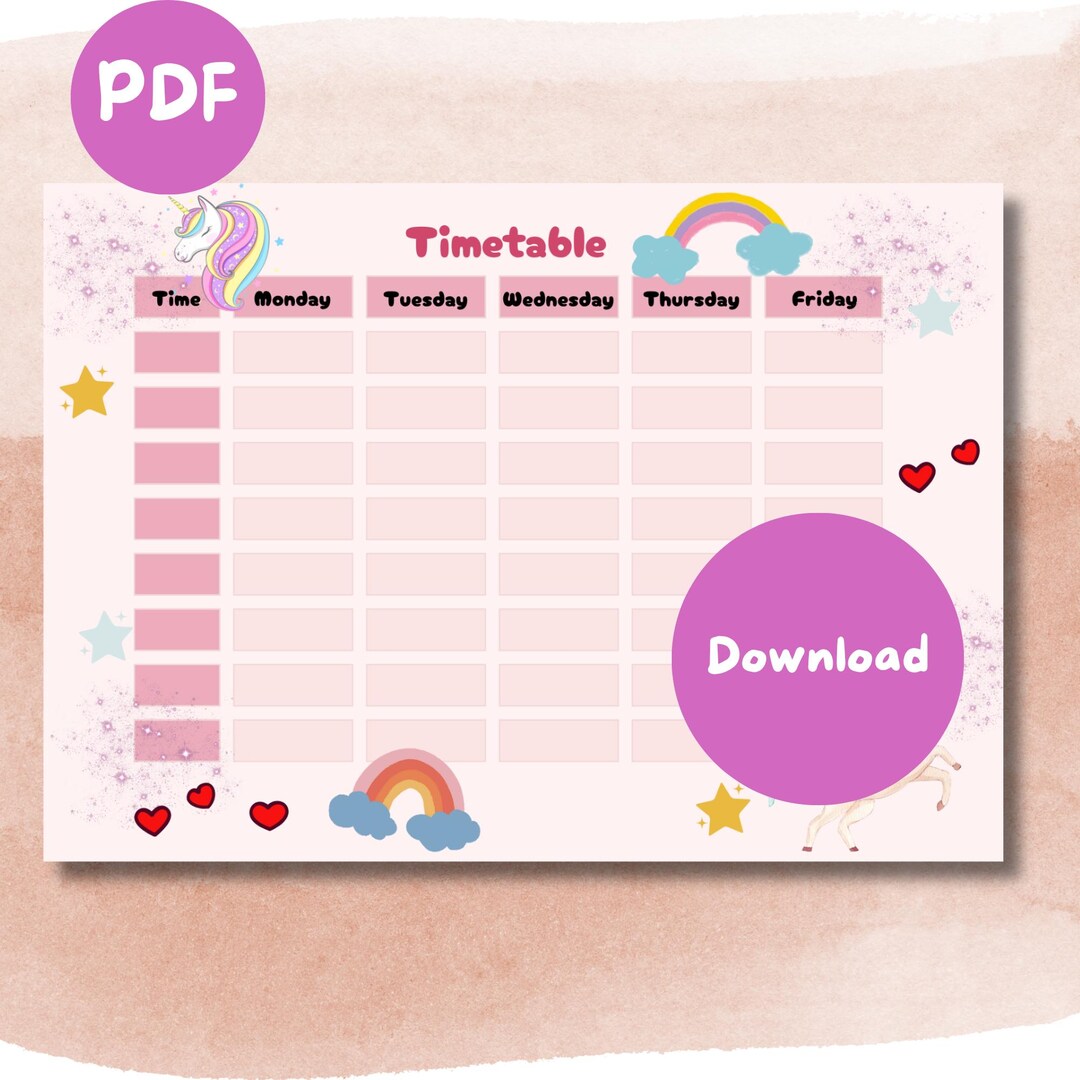 Digital Unicorn Timetable With Rainbow & Glitter | Printable School ...