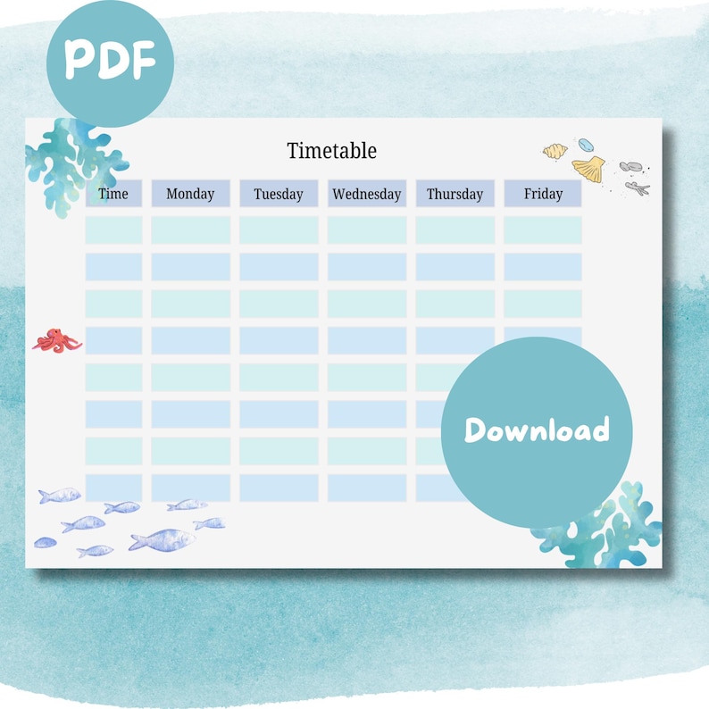 Digital Timetable Ocean-themed Kids | Printable School Schedule PDF ...