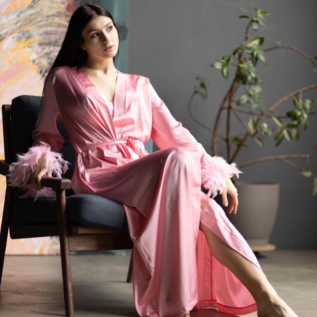 Pink Robe With Feathers, Floor Length Robe, Feather Robe, Silk Robe ...