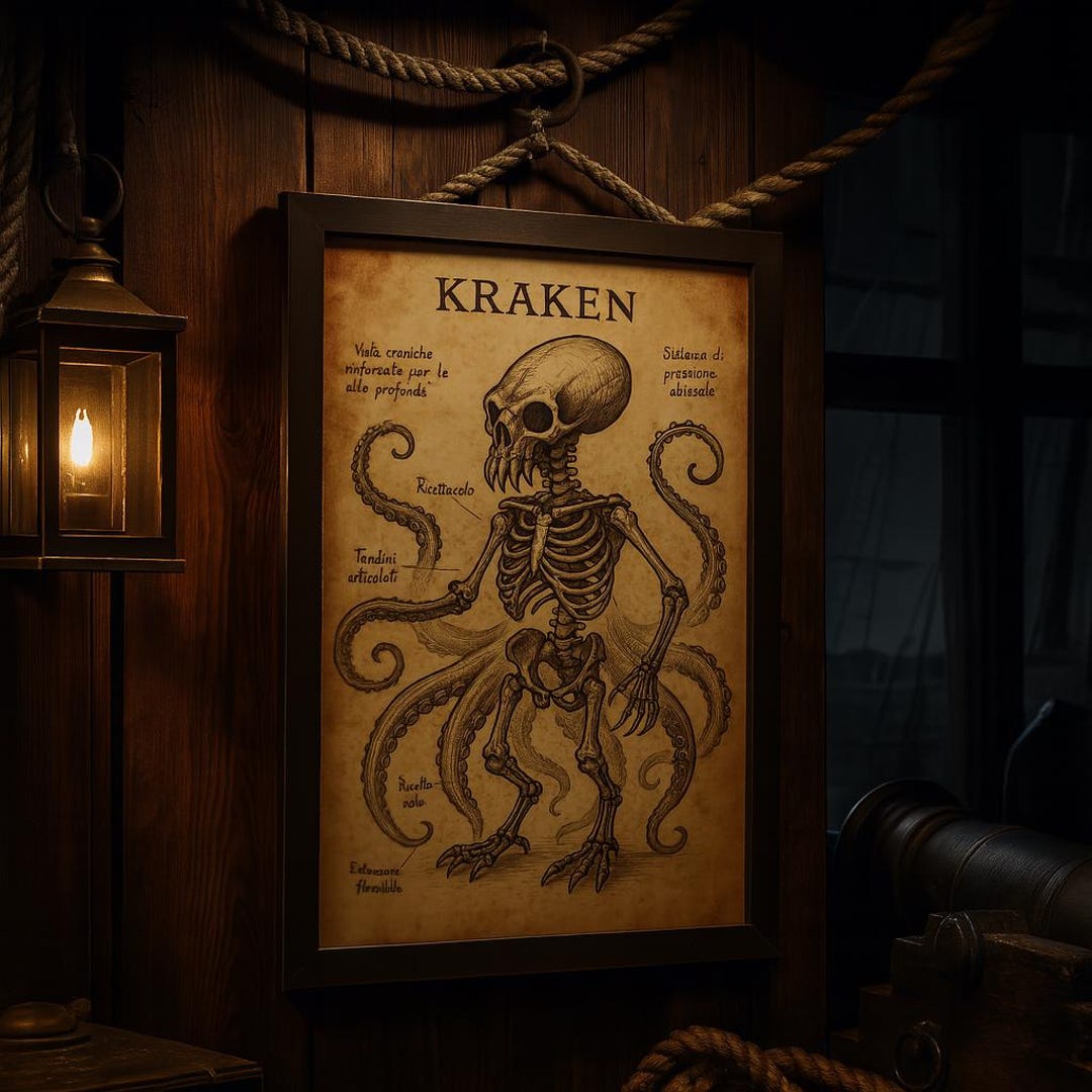 Kraken Skeleton Art Print, Da Vinci Style Mythical Creature ...