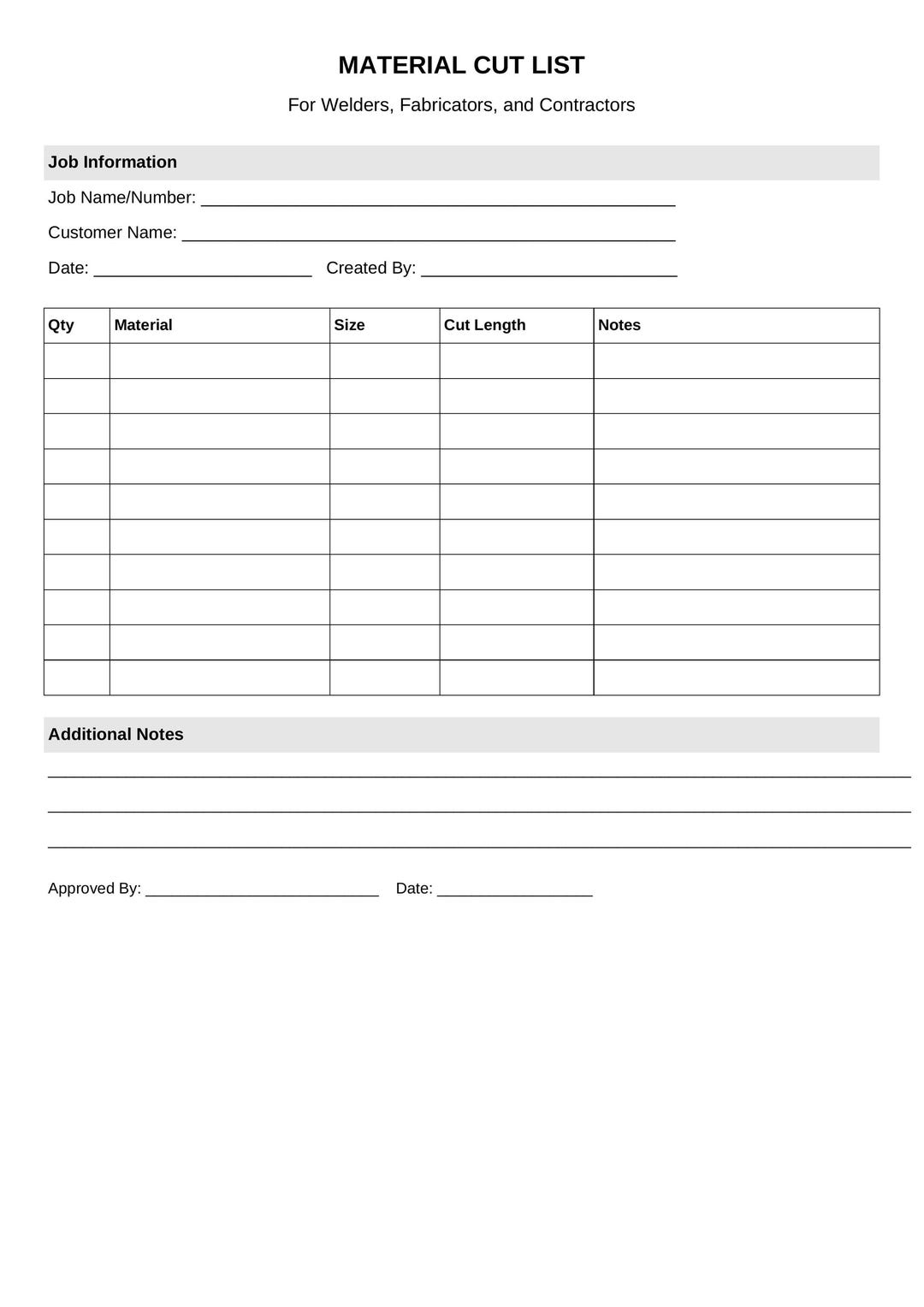Material Cut List Sheet for Welders and Fabricators | Printable PDF ...