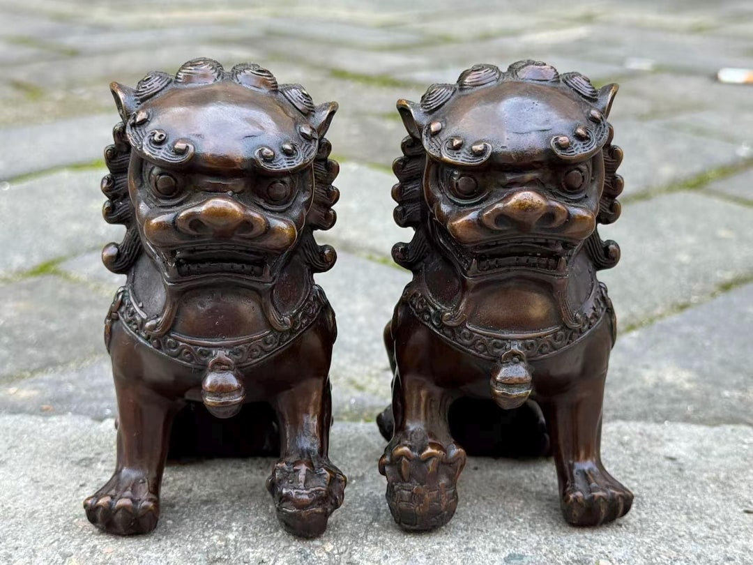 Pair Asian Copper Evil Fu Foo Dog Lion Statue , Old Antiques Chinese ...