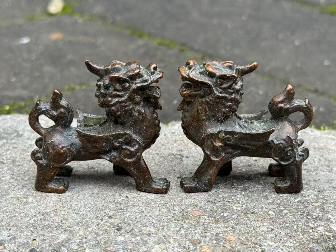 Mini Pair China Copper Fengshui Qilin Animal Pixiu Beast Wealth Bixie ...