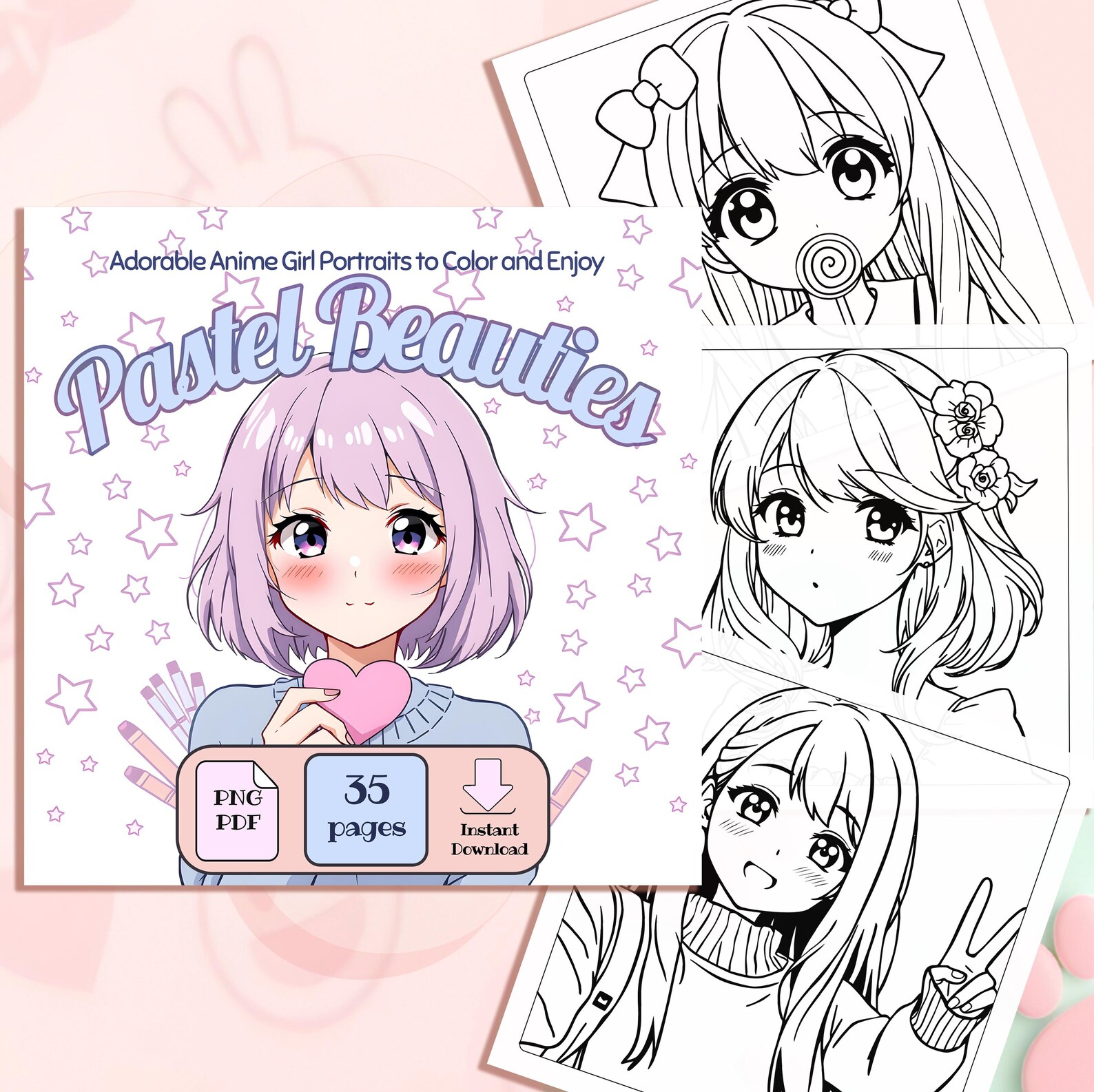Kawaii Anime Girl Portrait Coloring Book – 35 Printable Pages for Teens ...