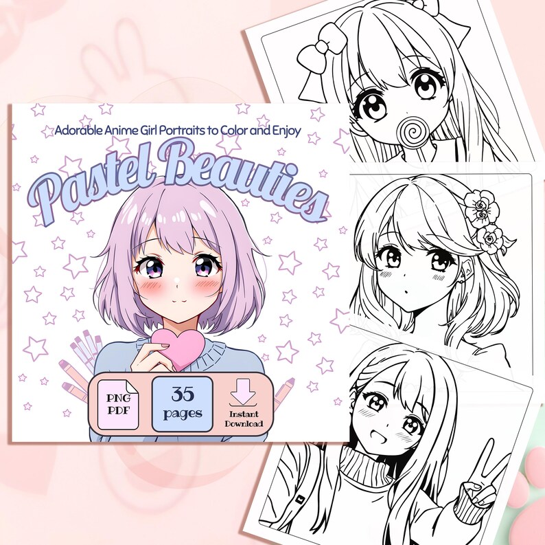 Kawaii Anime Girl Portrait Coloring Book – 35 Printable Pages for Teens ...
