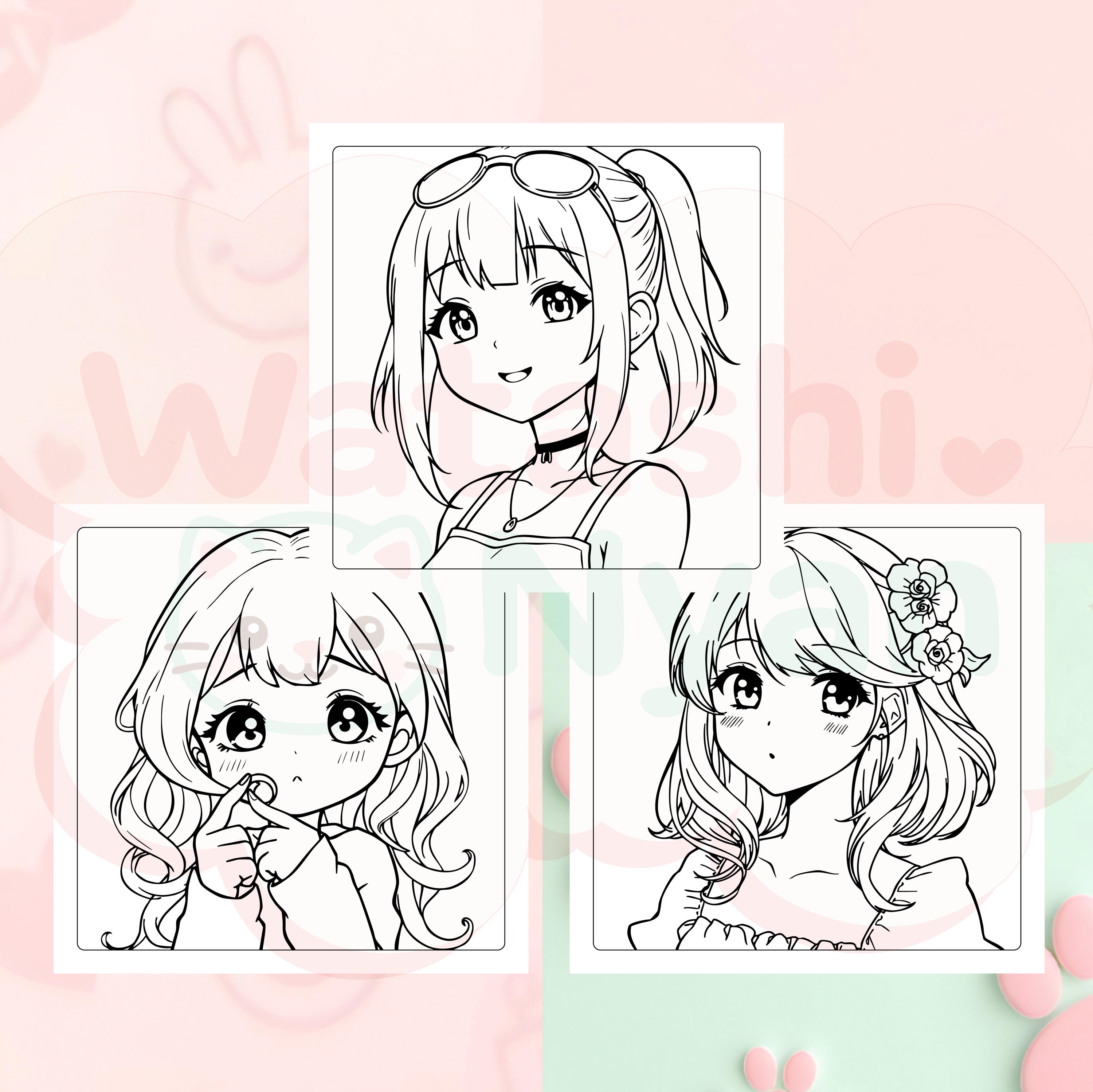 Kawaii Anime Girl Portrait Coloring Book – 35 Printable Pages for Teens ...