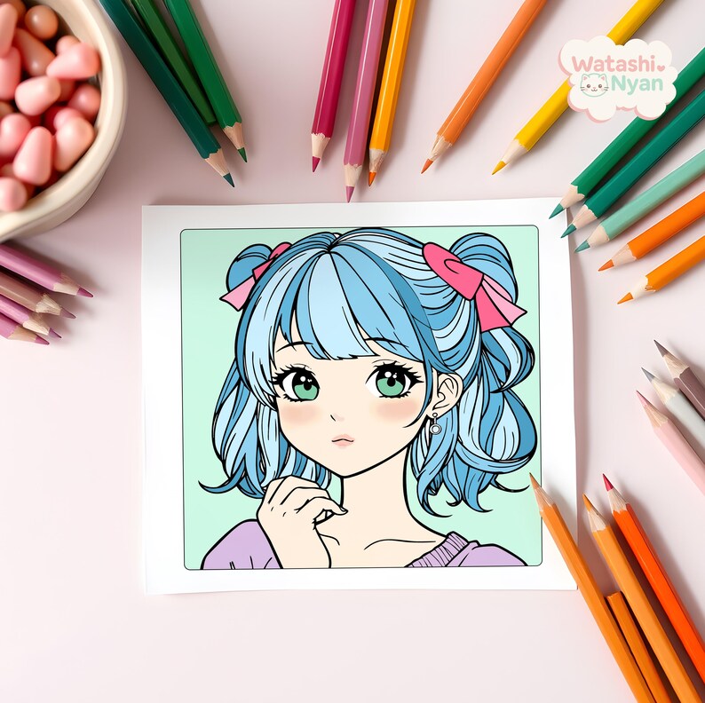 Kawaii Anime Girl Portrait Coloring Book – 35 Printable Pages for Teens ...