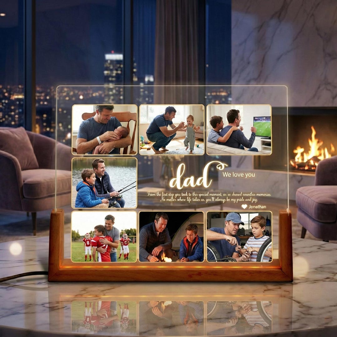 Personalized Dad Photo LED Night Light, Custom Father Collage Acrylic ...