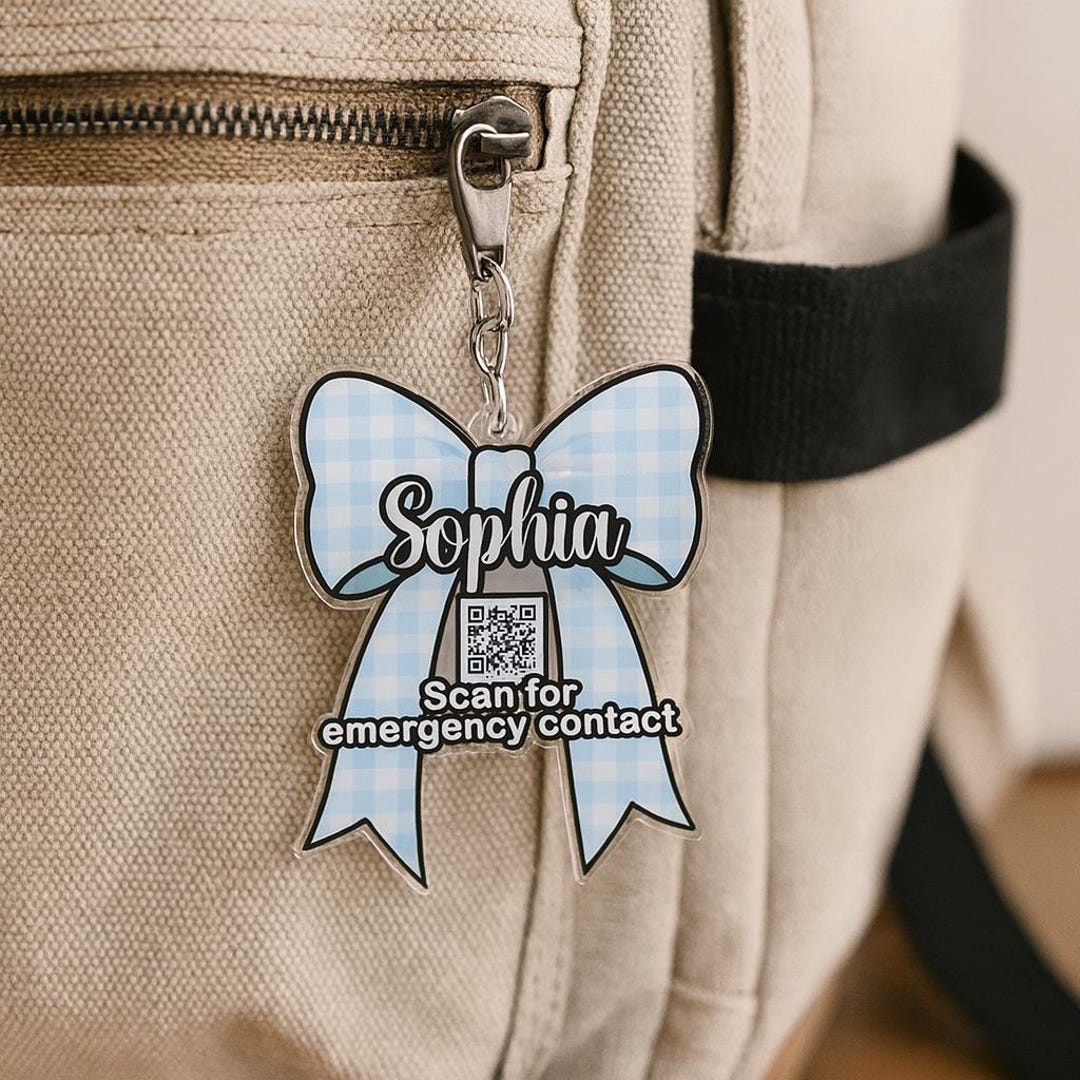 Personalized Gingham Bow QR Code Keychain for Kids Custom Emergency ...
