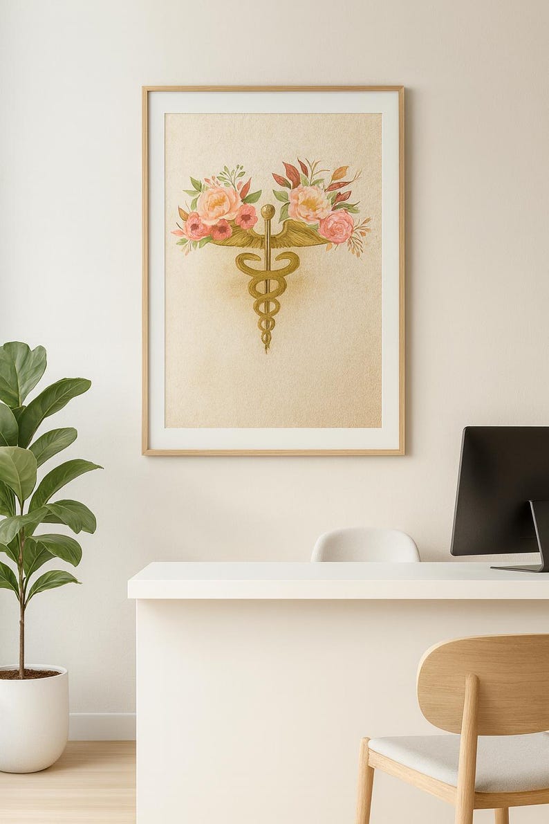 Floral Caduceus Print: Golden Medical Symbol Wall Art (digital Download ...