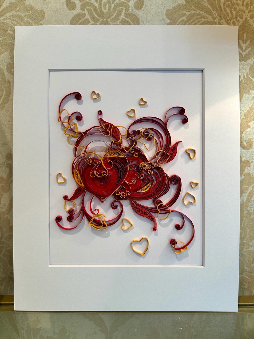 Quilled Paper Art - Red Hearts With Gold, Anniversary Gift, Valentine ...