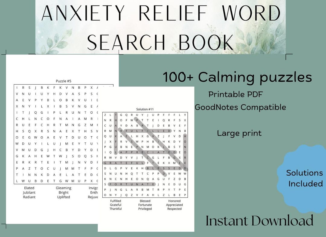 Anxiety Relief Word Search Book | 100+ Calming Puzzles (printable PDF ...