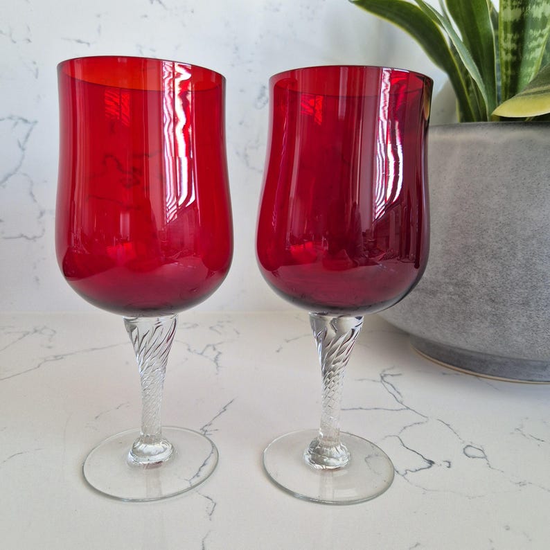 VINTAGE Ruby Red Wine Glasses | Set of 2 Mid Century Stemware ...