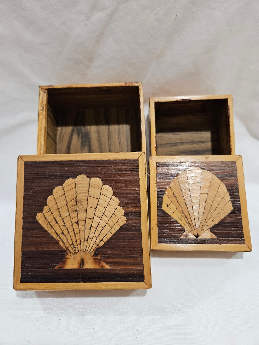 Vintage Bamboo Nesting Boxes With Shell Design - Etsy