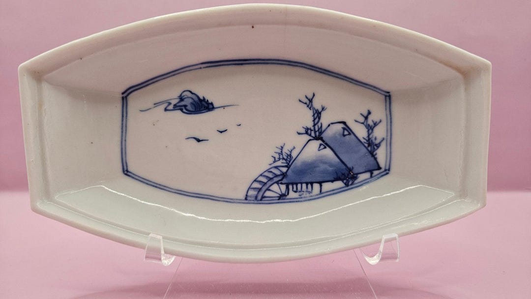 Vintage Blue & White Porcelain Boat-shaped Dishes - 6.5"x3.7" Elegant ...