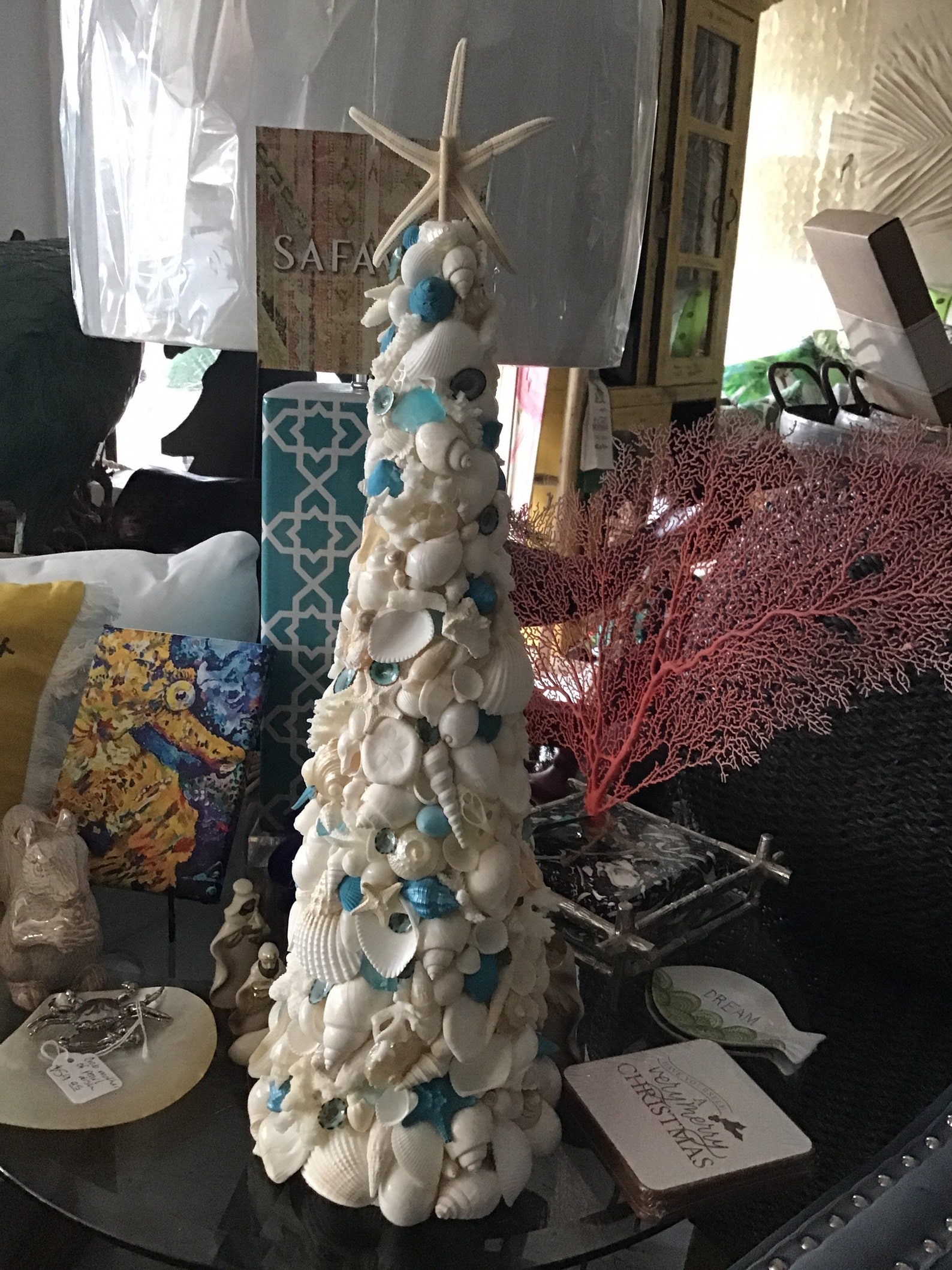 White Aqua Accent Seashell Tree Real Knobby Starfish Top - Etsy