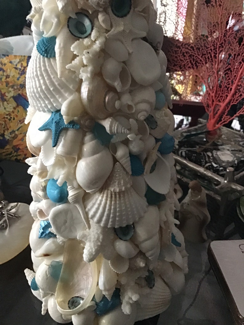 White Aqua Accent Seashell Tree Real Knobby Starfish Top - Etsy