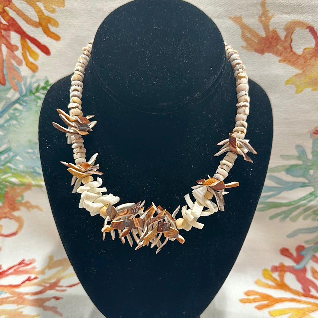 Vintage White and Brown Carved Shell Necklace - Unique Handmade Coastal ...