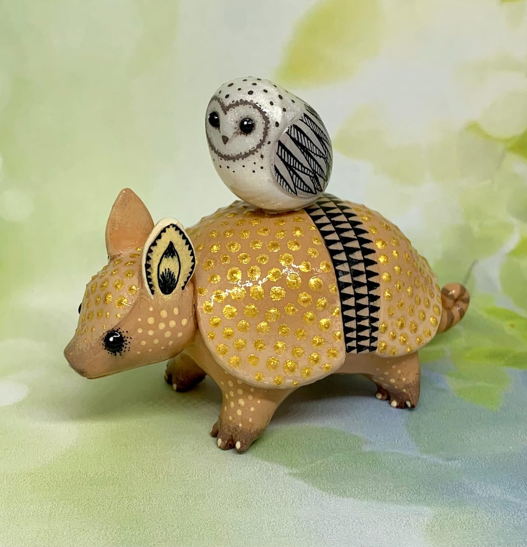 Beautiful Golden Baby Armadillo With Owl Friend Polymer Clay Handmade ...