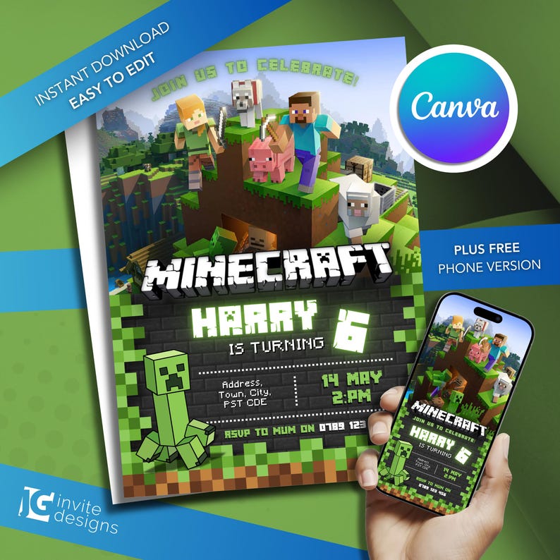 Editable Minecraft Themed Birthday Invitation, Minecraft Birthday ...