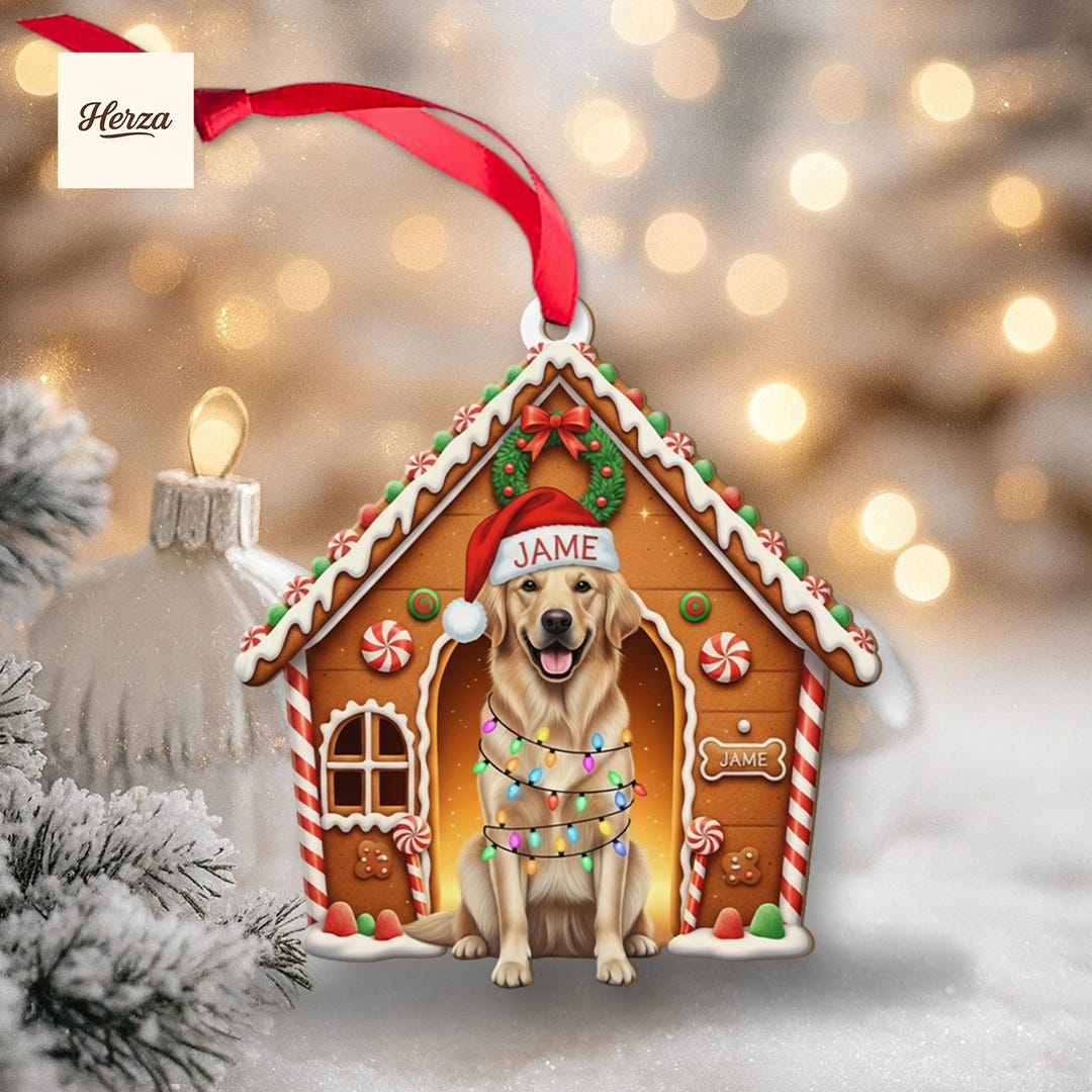 PERSONALIZABLE Gingerbread Dog House Ornament, CUSTOMIZABLE Golden ...