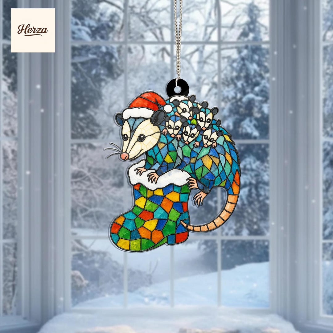 Opossum Christmas Ornament Stained Glass Acrylic Suncatcher Mama Possum ...