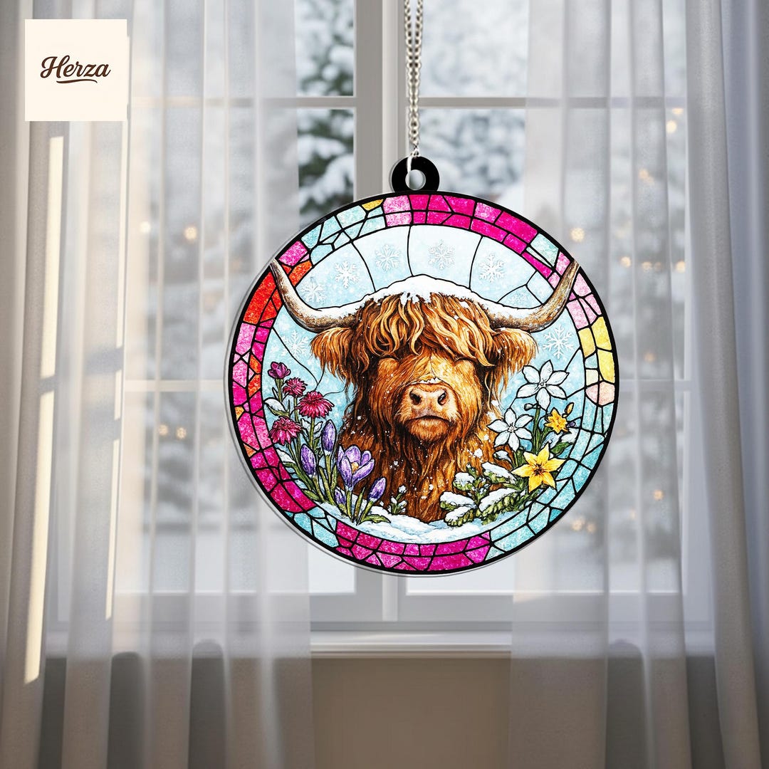 Highland Cow Acrylic Window Hanging, Faux Stained Glass Ornament, Farm ...