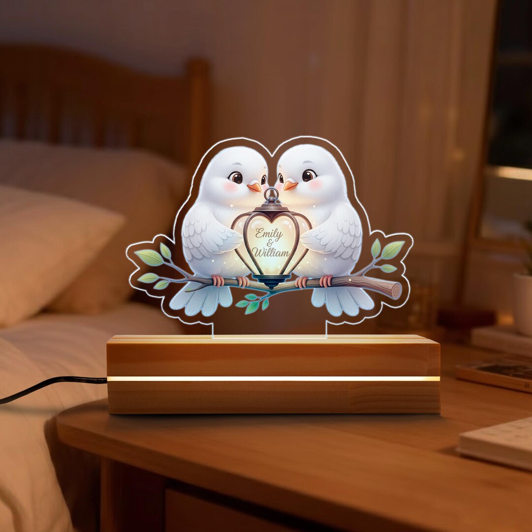Personalized Love Birds LED Night Light, Cute Bird Couple Lamp With ...