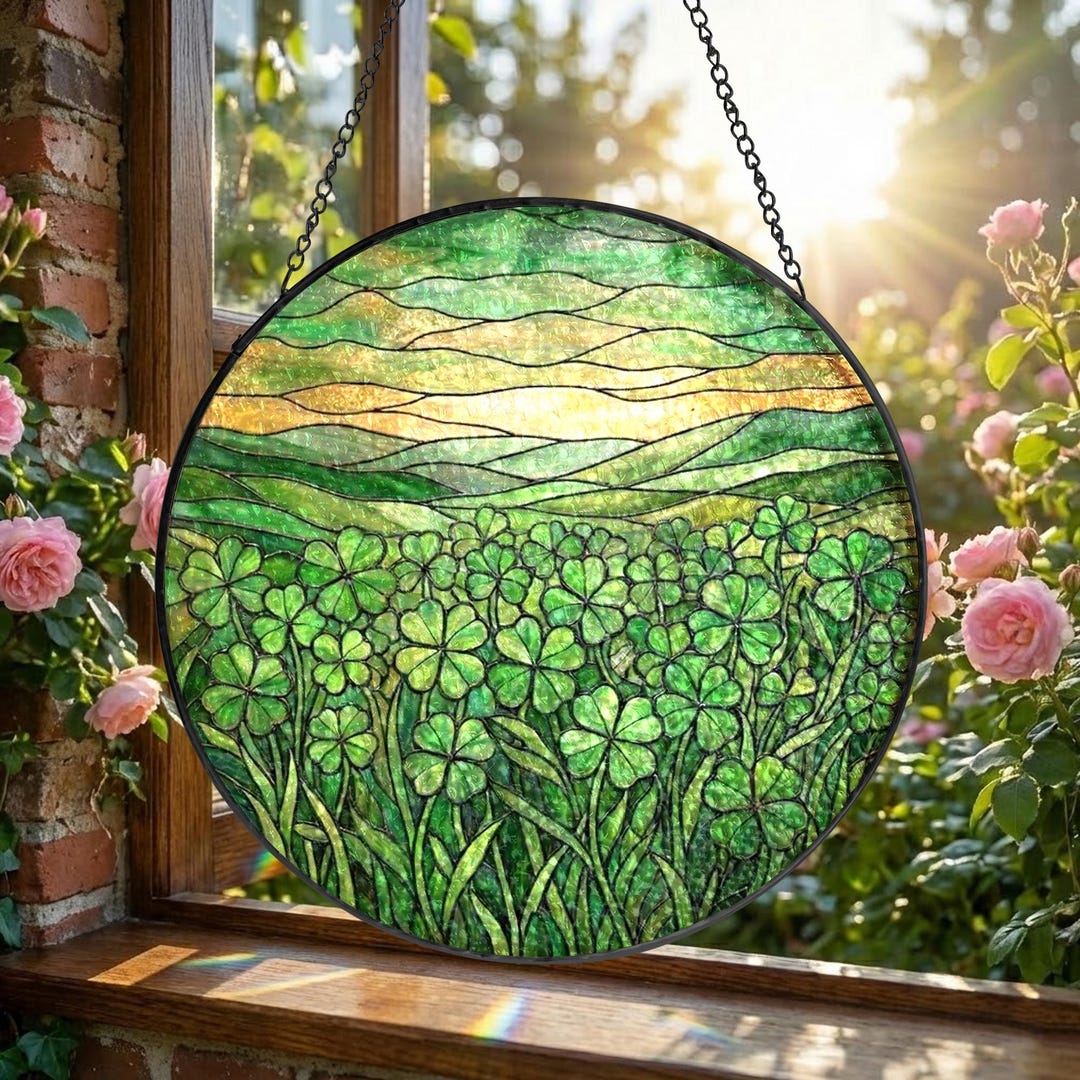 Stained Glass Clover Suncatcher, Green Shamrock Window Hanging, Irish ...