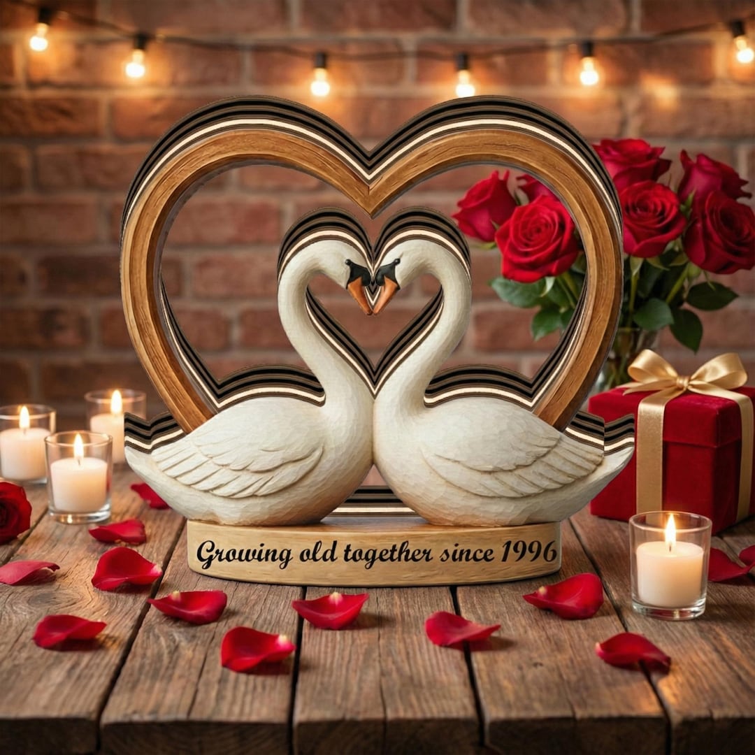 Personalized Swan Couple Sculpture Custom Anniversary Gift Wooden Heart ...