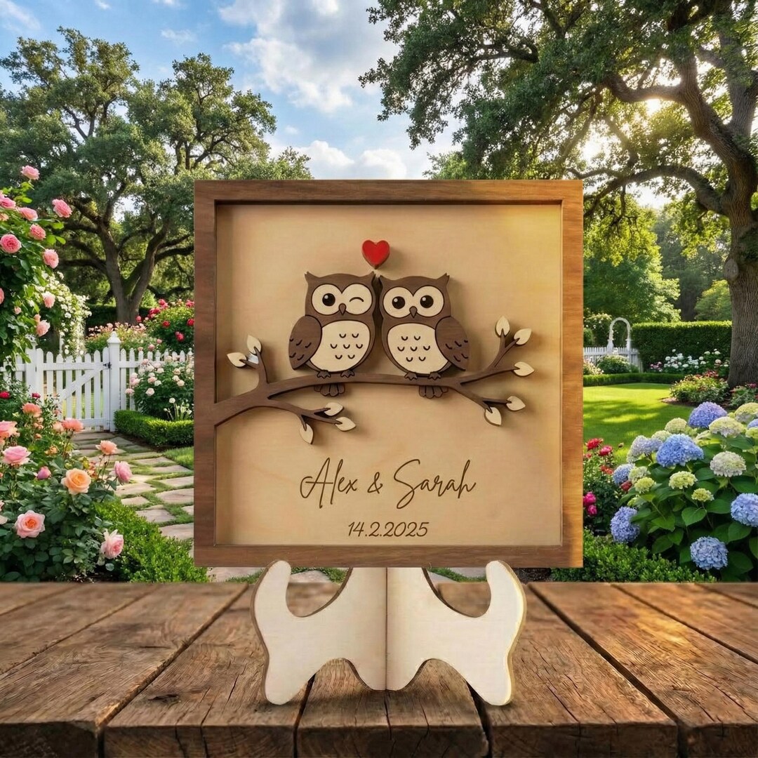 Personalized Wooden Owl Couple Sign, Custom Name Anniversary Gift ...