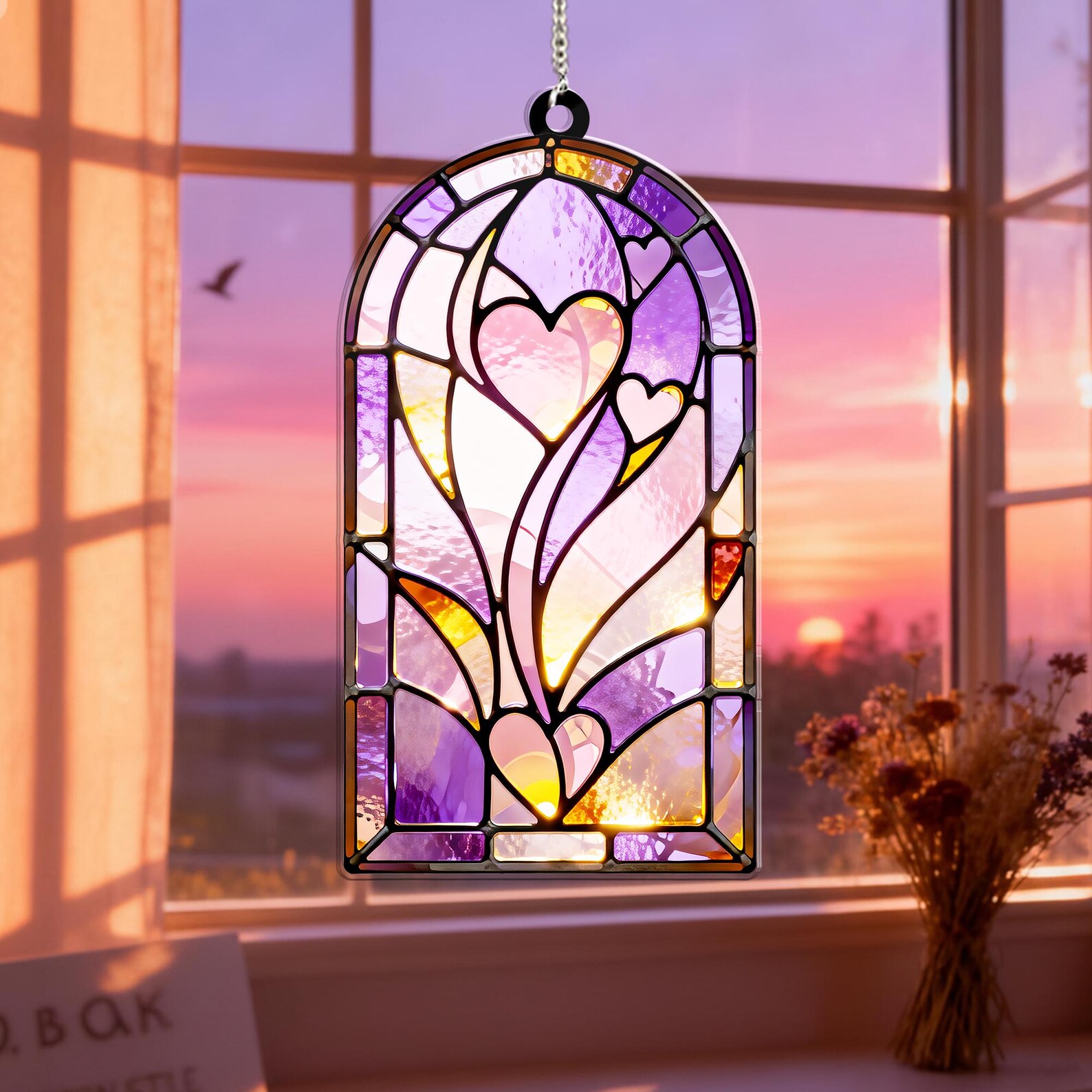Stained Glass Heart Window Panel Suncatcher Handmade Romantic Love ...