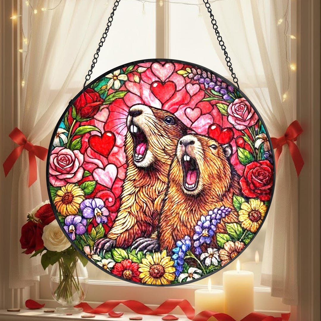 Valentine Groundhog Window Hanging Stained Glass Groundhog Couple ...