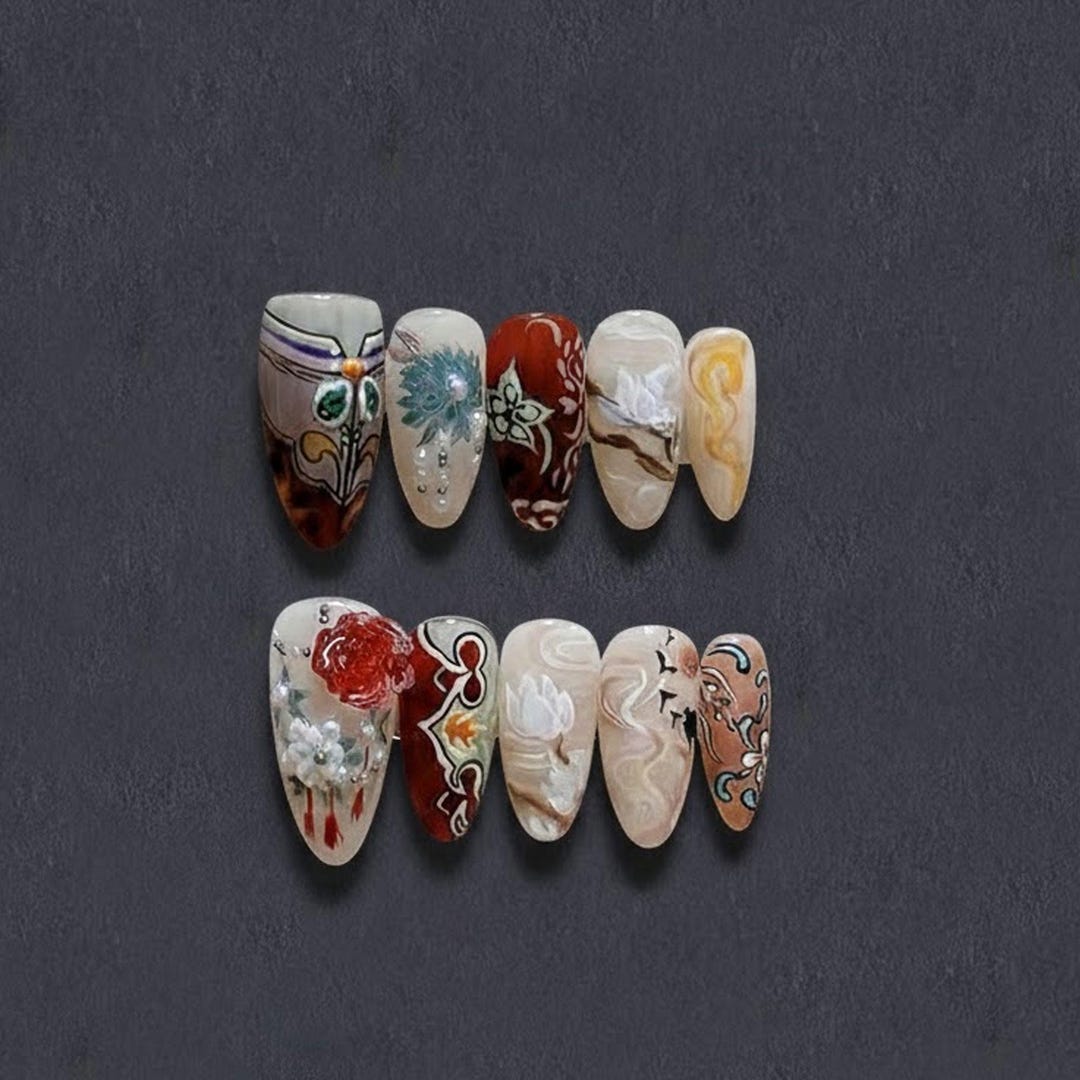 Handmade Neo-classical Floral Press on Nails | Hand-painted Lacquerware ...